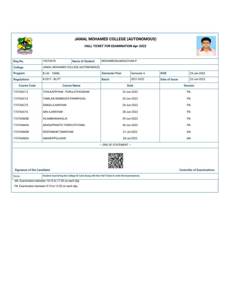 Jamal Mohamed College (Autonomous) : Hall Ticket For Examination Apr-2022 | PDF