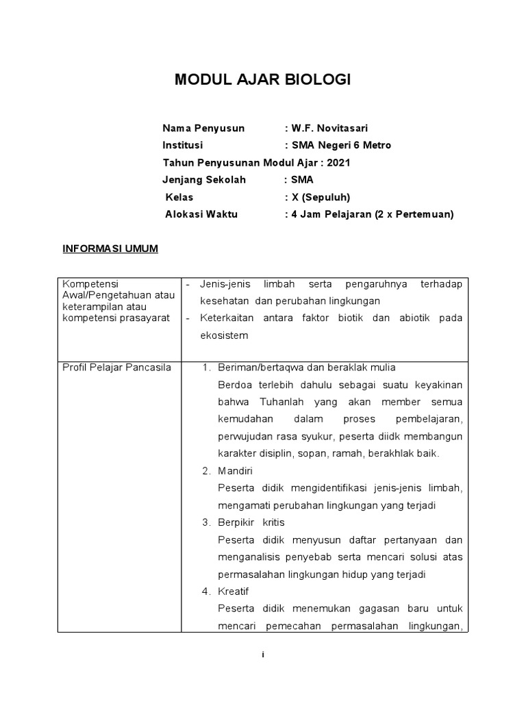 Contoh Word W.F. NOVITASARI - Modul Ajar Biologi | PDF