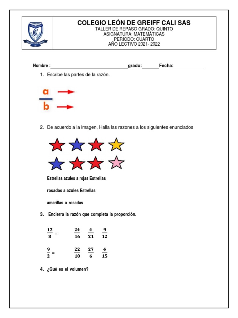 Taller de Repaso Matemáticas Grado Quinto | PDF