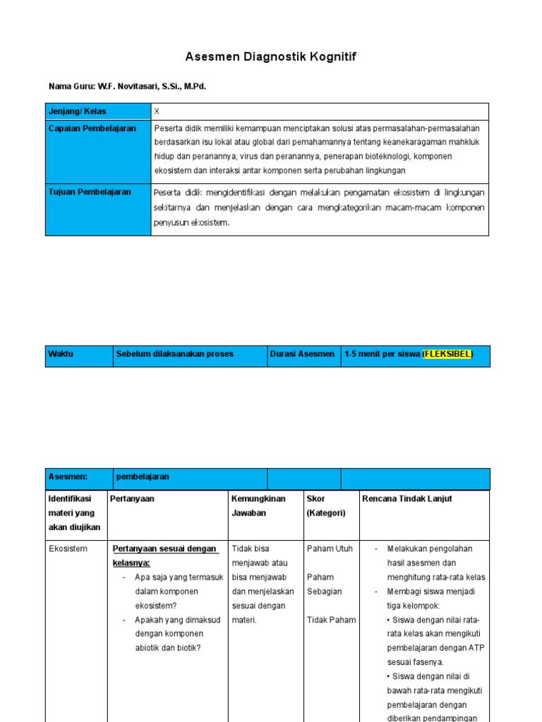 Asesmen Diagnostik Kognitif EKOSISTEM | PDF