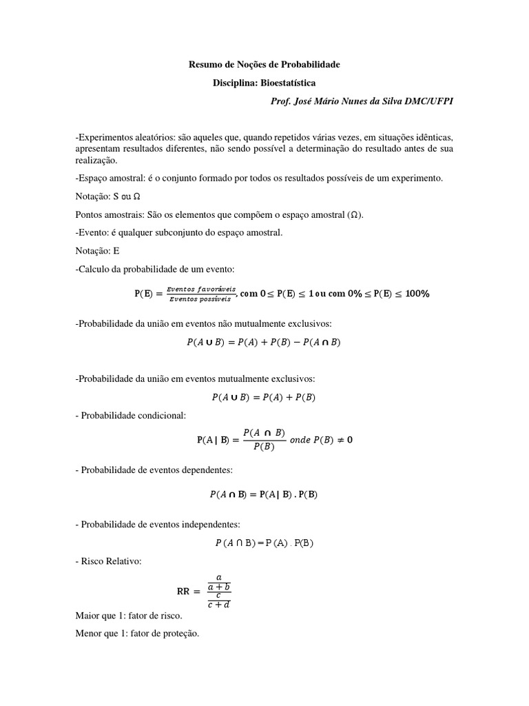 Resumo de Noções de Probabilidade | PDF | Medicina Clínica