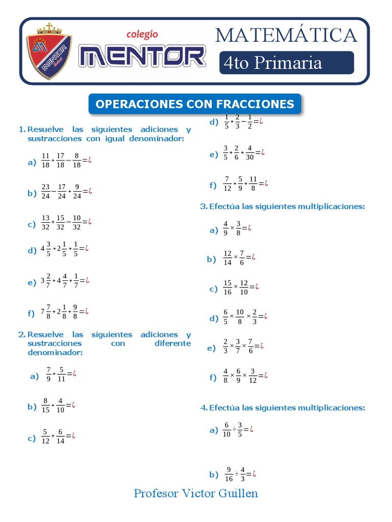 Operaciones con Fracciones 4to Primaria | PDF | Métodos y materiales de ...
