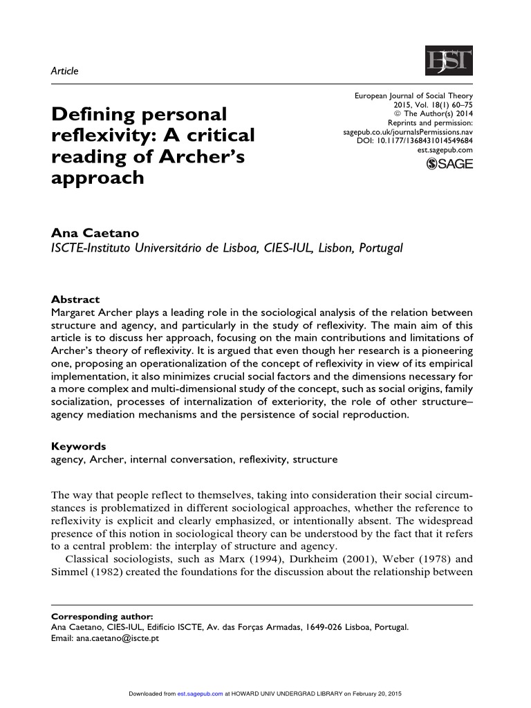 Defining Personal Reflexivity: A Critical Reading of Archer's Approach ...