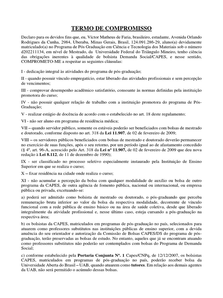 Termo de Compromisso de Bolsista CAPES | PDF | Pós-graduação | Mestrado