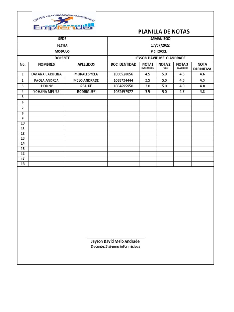 PLANILLA NOTAS-Excel - SISTEMAS INFORMÁTICOS - EMPRENDER | PDF