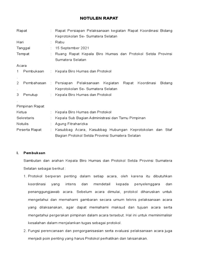 Notulensi Rapat Persiapan Rakor Keprotokolan Se Provinsi Sumsel | PDF