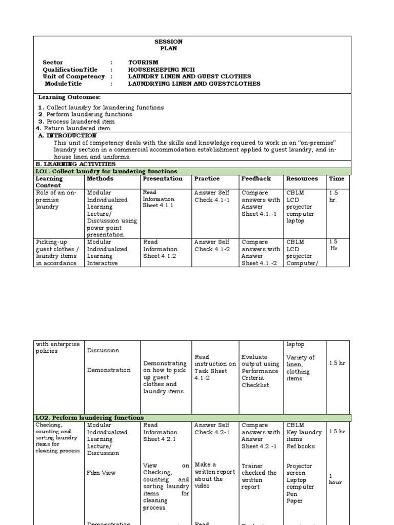 Session Plan Housekeeping NCII by Amelia B. Regida | PDF | Laundry | Learning
