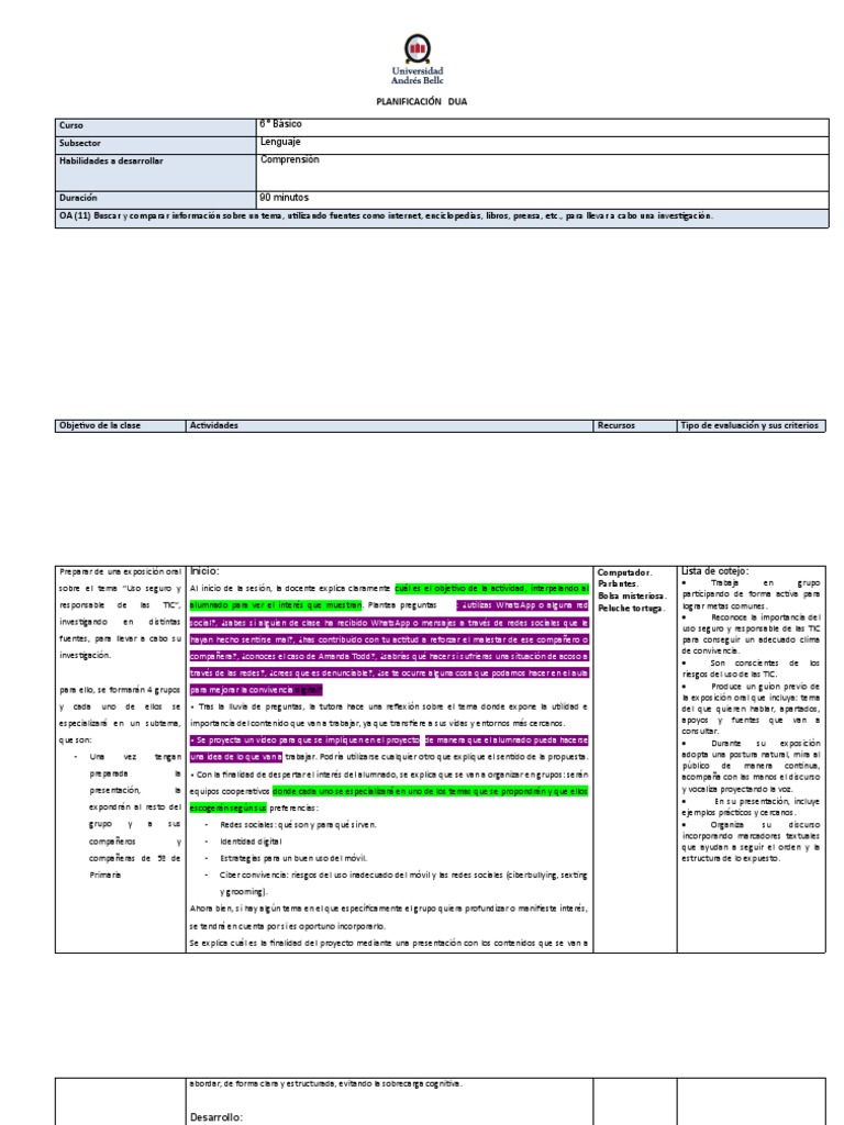 Planificación DUA Modelo | PDF | Rúbrica (Académica) | Evaluación