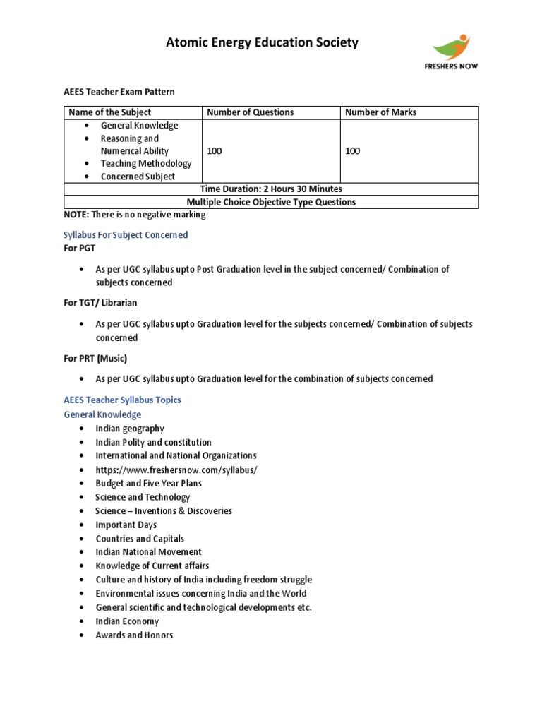 Atomic Energy Education Society: AEES Teacher Exam Pattern Name of The ...