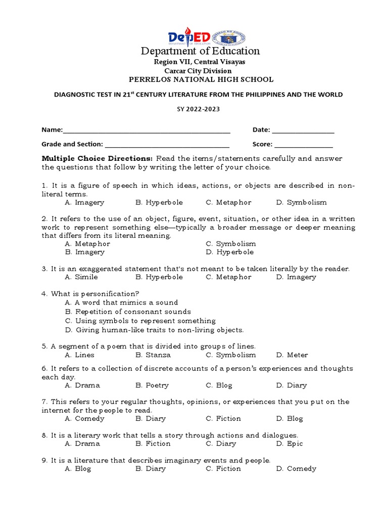 21st Century Literature Diagnostic Test | PDF | Plot (Narrative ...