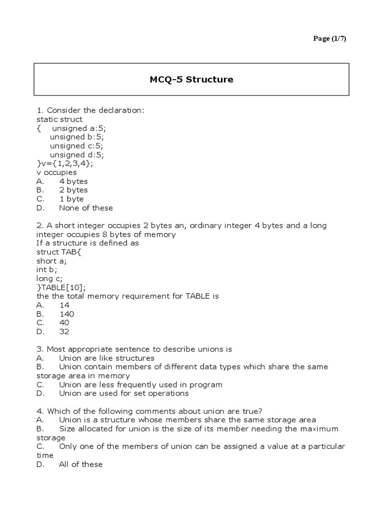 Mcq 5 Structure Pdf Pointer Computer Programming Computing