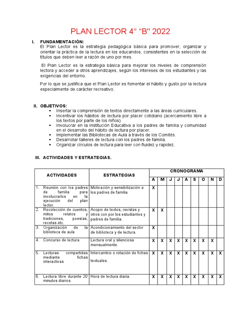 Carátula Plan Lector 4° Grado 2022 | PDF | Lectura (proceso) | Escritura