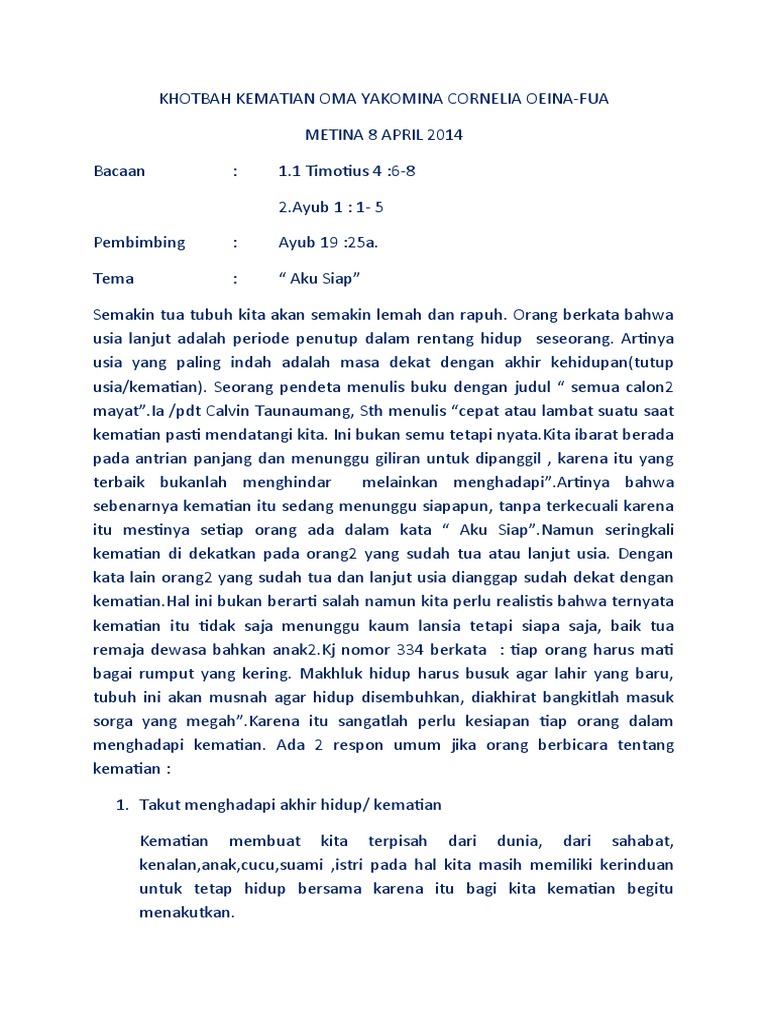 Khotbah Kematian Oma Yakomina Cornelia Oeina Fua | PDF