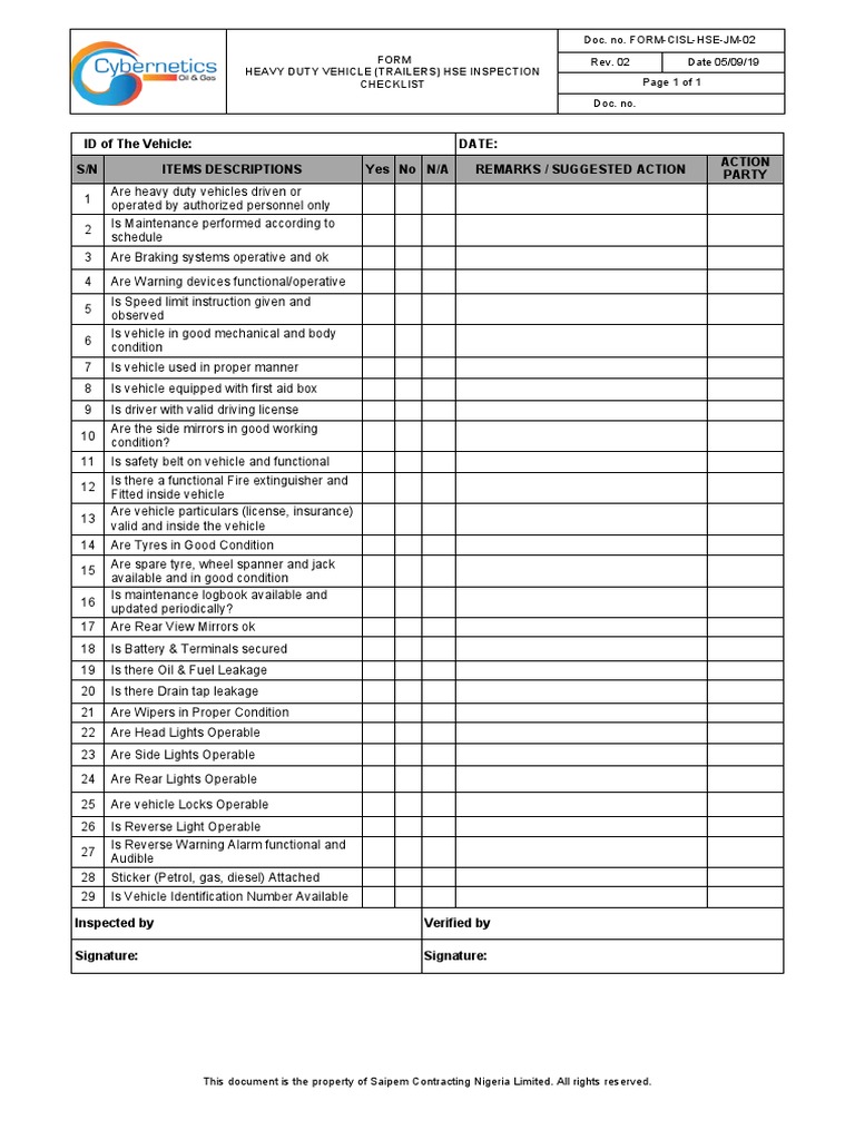 Form-Scnl-Hse-141-E-R02 - Hse Inspection Checklist | PDF | Vehicles ...