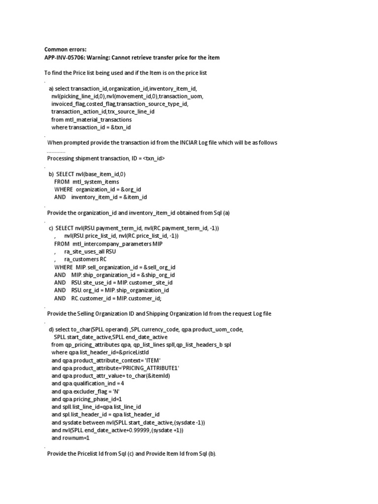 Common Errors: APP-INV-05706: Warning: Cannot Retrieve Transfer Price ...