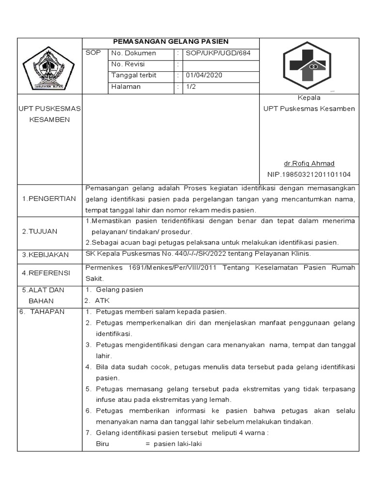 Sop Pemasangan Gelang Pasien | PDF | Sains & Matematika