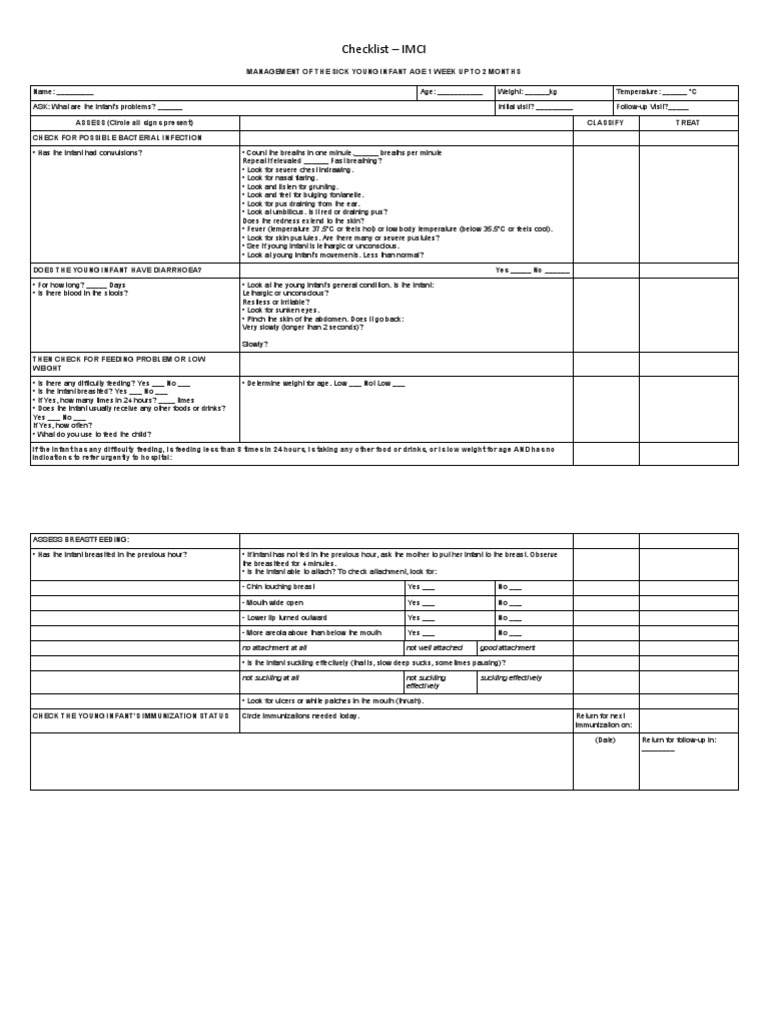 Checklist - IMCI-Sick Young Infant | PDF | Breastfeeding | Pediatrics