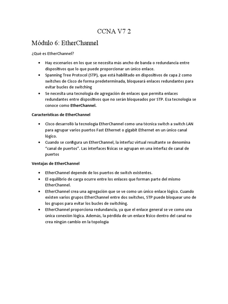 CCNA V7 2 Módulo 6 - EtherChannel | PDF | Protocolos de comunicaciones | Protocolos de internet