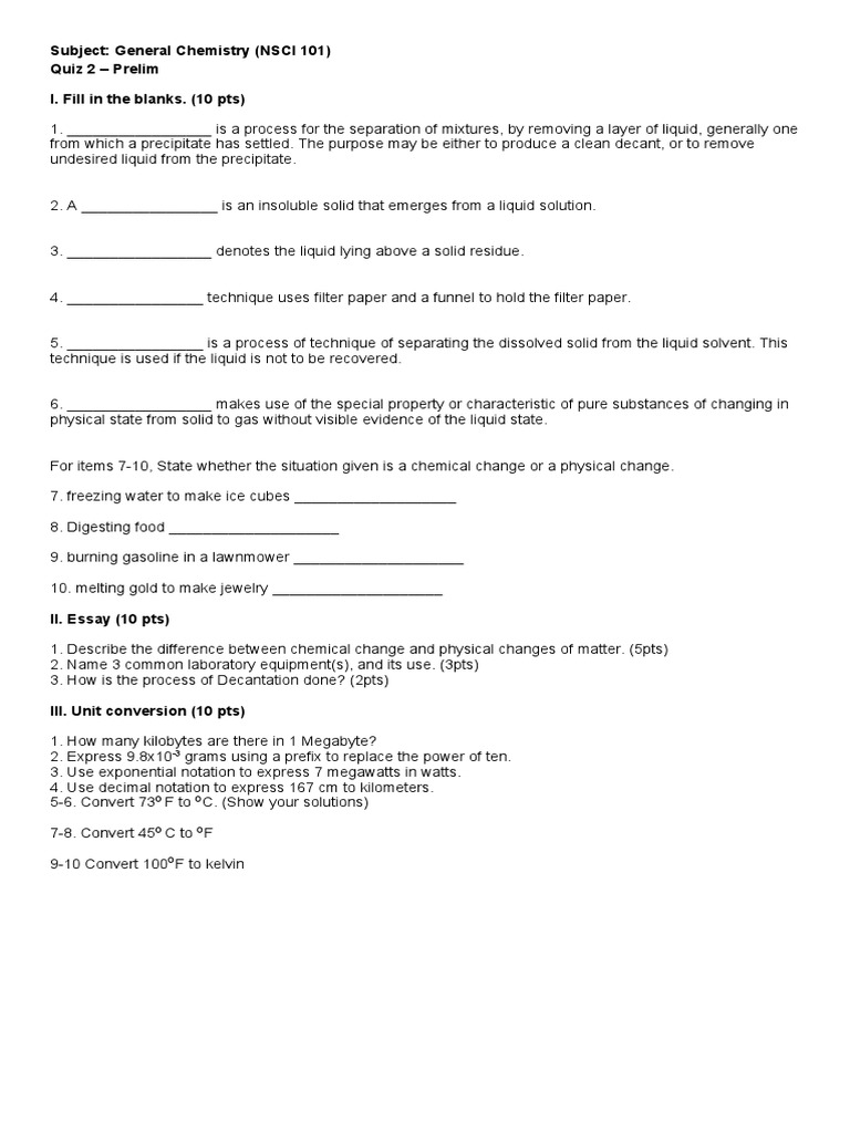 Sample Prelim exam General Chemistry | PDF