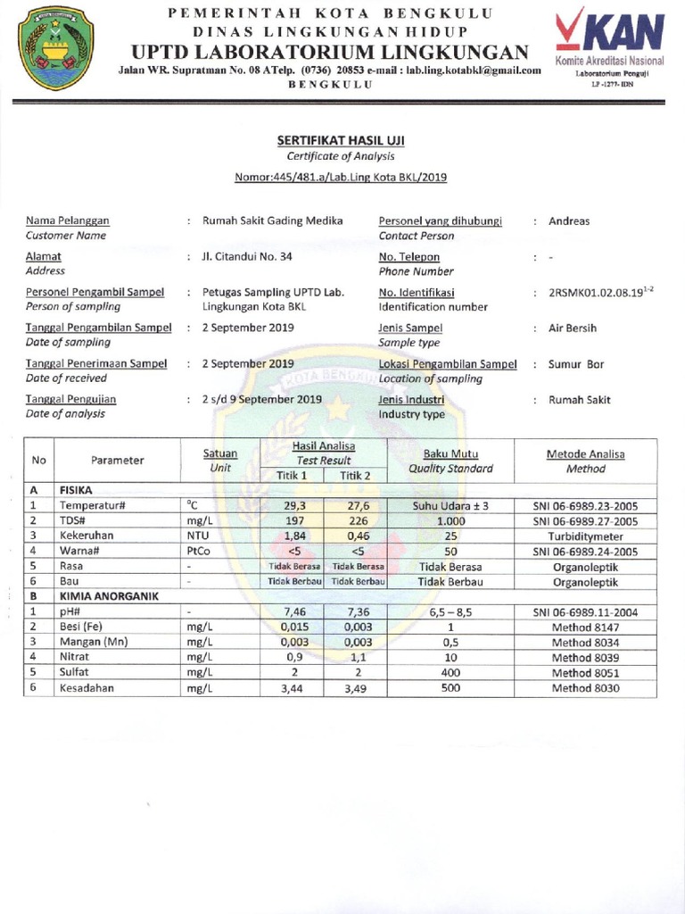 Hasil Uji Lab Air Bersih | PDF