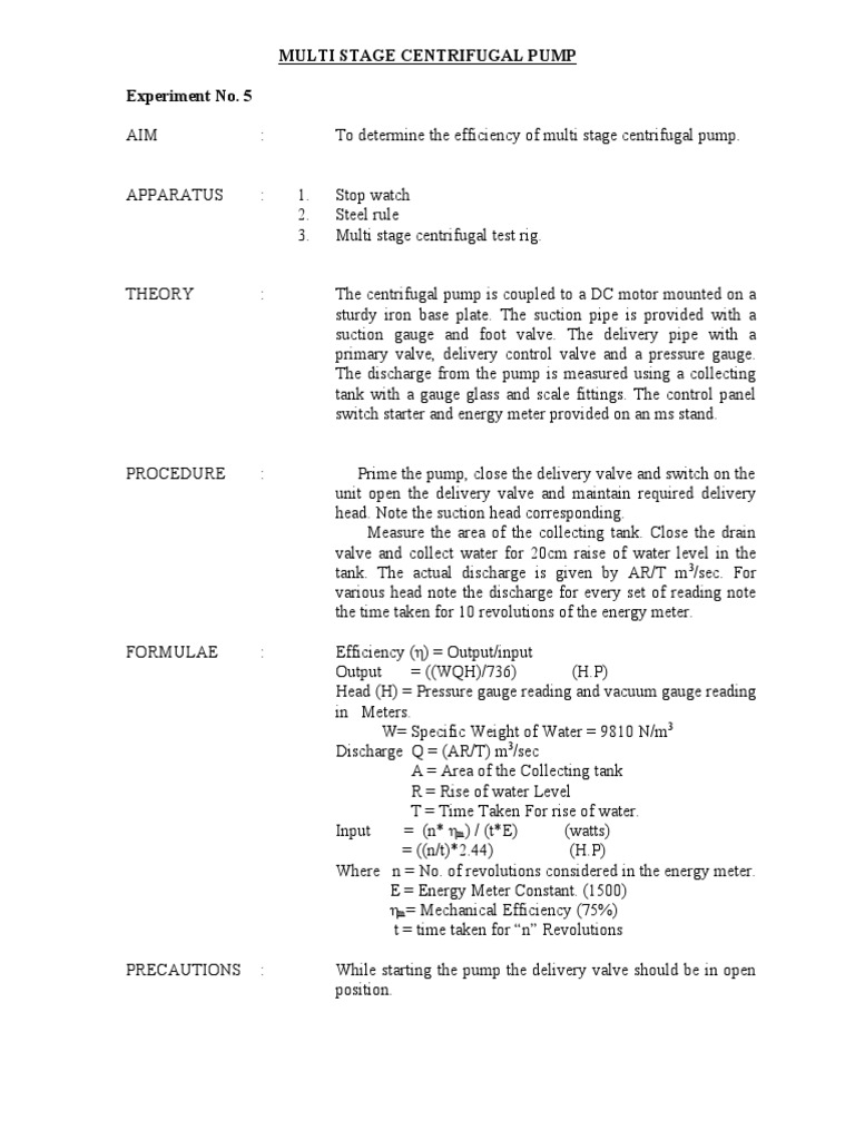 Multi Stage Centrifugal Pump Experiment No. 5 | PDF | Pump | Pressure ...
