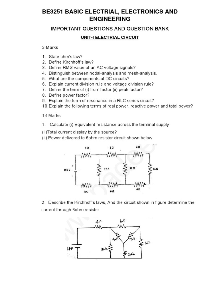 Be3251 Basic Electrial, Electronics and Engineering: Important Questions and Question Bank | PDF ...