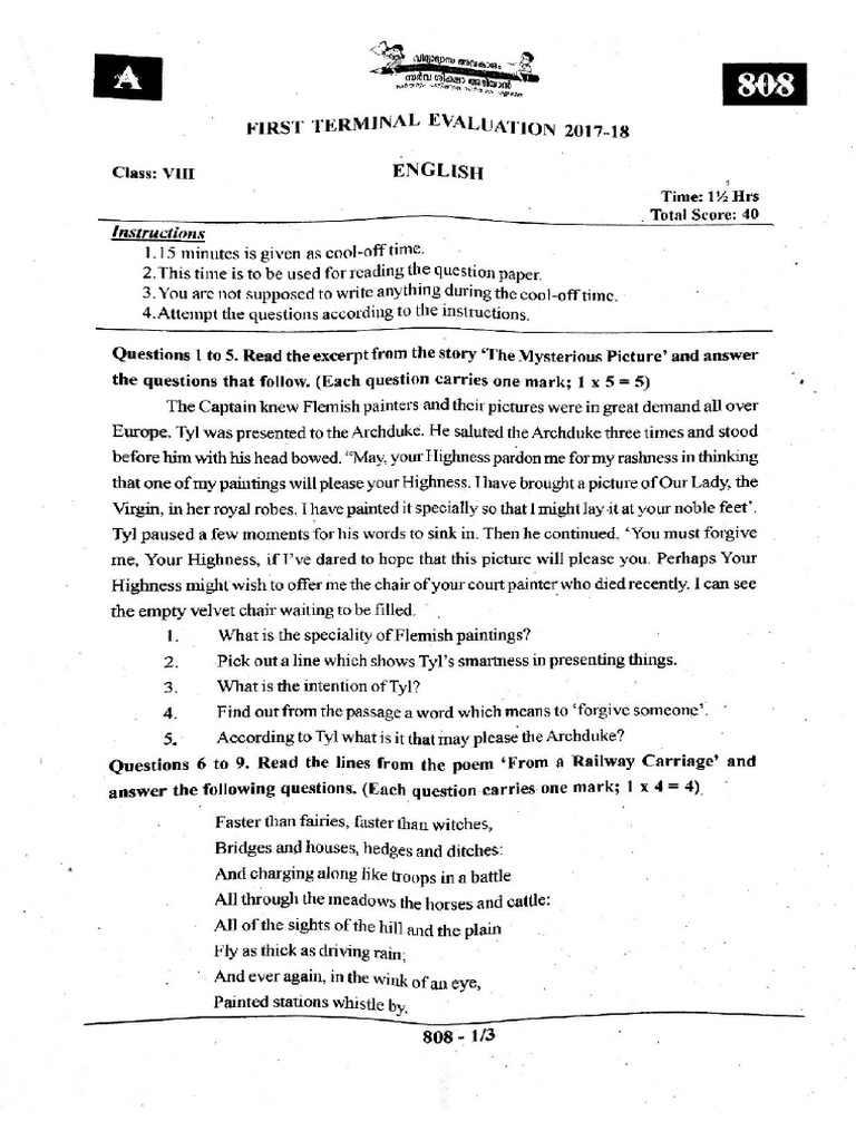 Kerala Class 8 First Term Exam Question Paper 2017 English | PDF