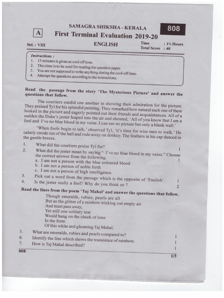 Kerala Class 8 First Term Onam Exam Question Paper 2019 - English | PDF