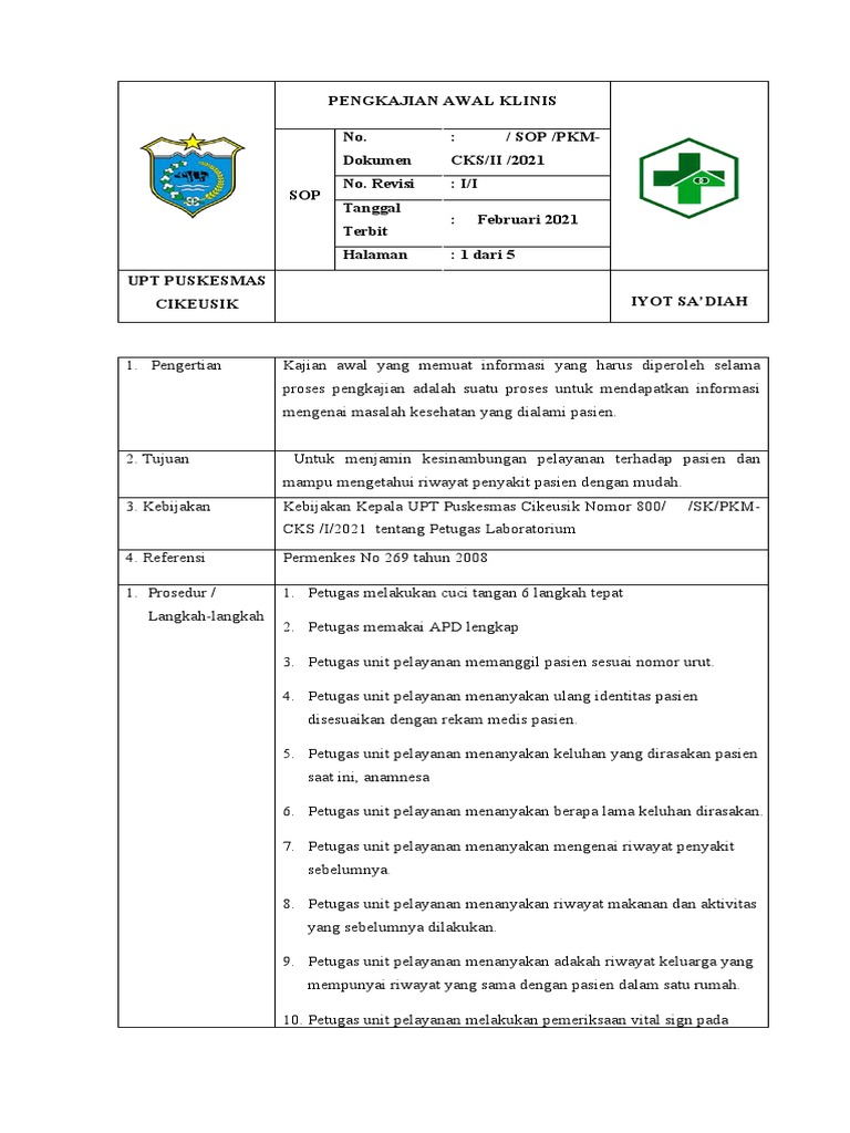 Sop Pengkajian Awal Klinis | PDF