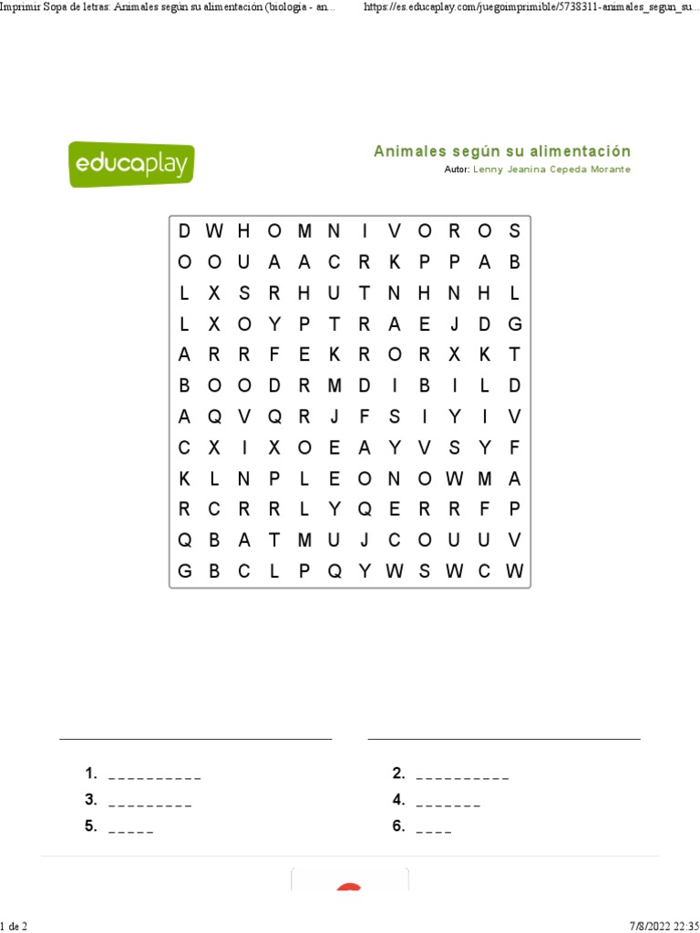 Imprimir Sopa de Letras Animales Según Su Alimentación (Biología ...