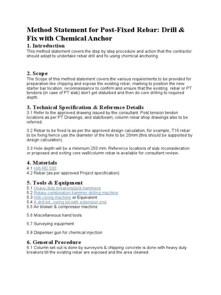 Method Statement For Post Rebar | PDF | Drilling | Drill
