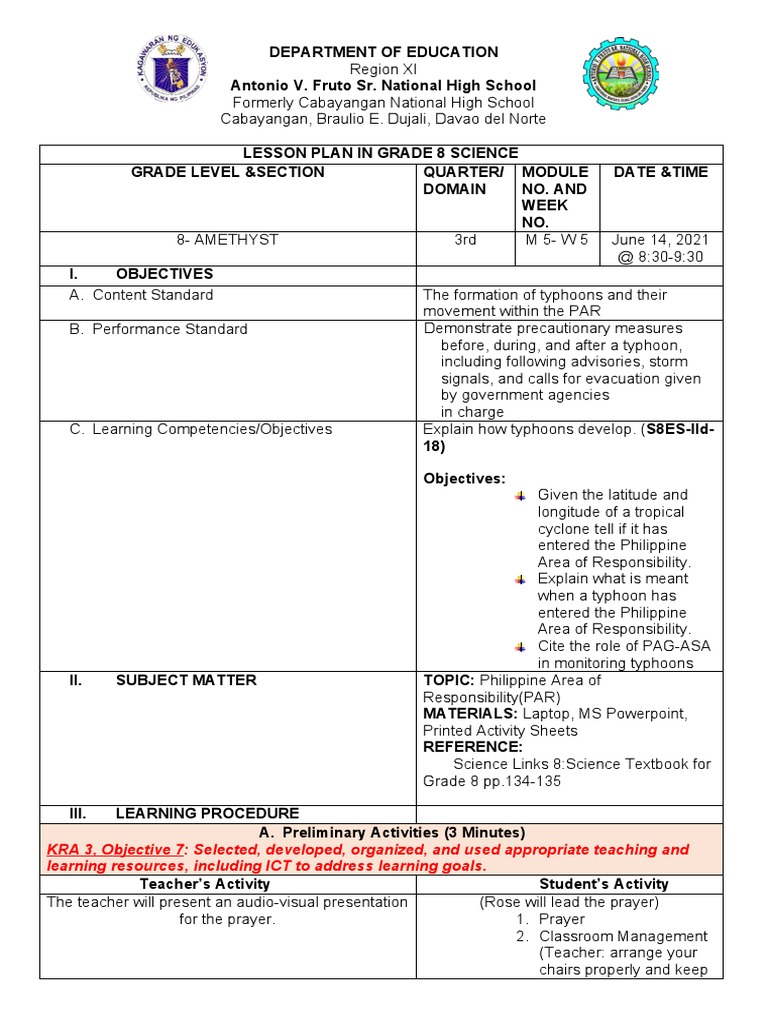 Par Cot2 Lesson Plan (Autorecovered) | PDF | Tropical Cyclones | Teachers
