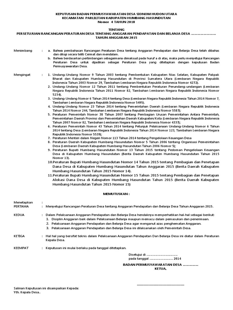 Persetujuan APBDes Sionom Hudon 2015 | PDF