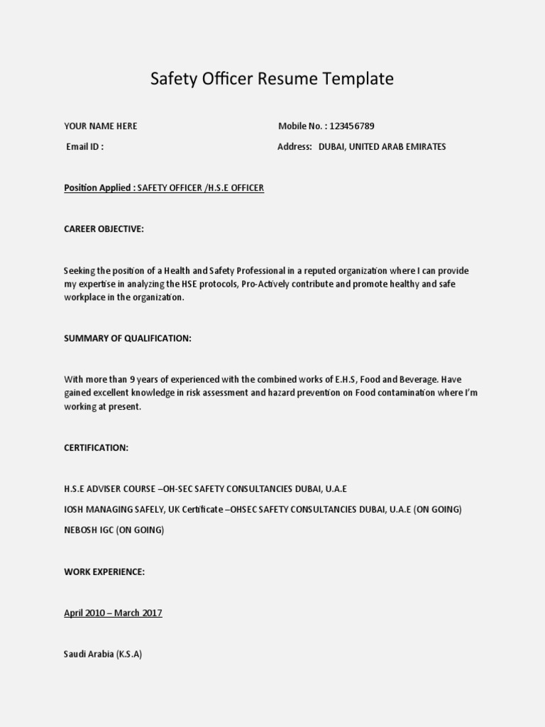 Safety Officer Resume Template | PDF | Occupational Safety And Health ...