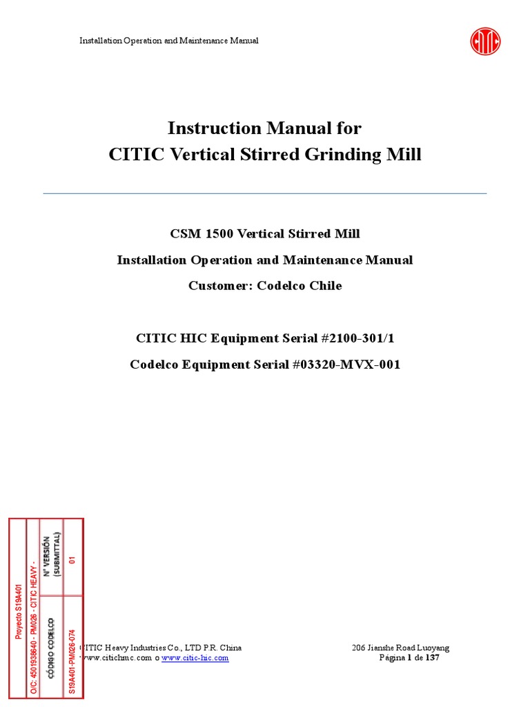 Manual IOM Molino Vertical | PDF | Mill (Grinding) | Electric Motor