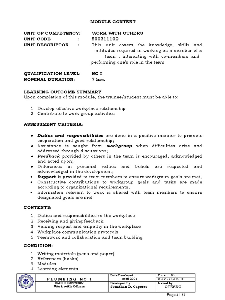 Module Content Unit of Competency: Work With Others Unit Code: 500311102 Unit Descriptor | PDF ...