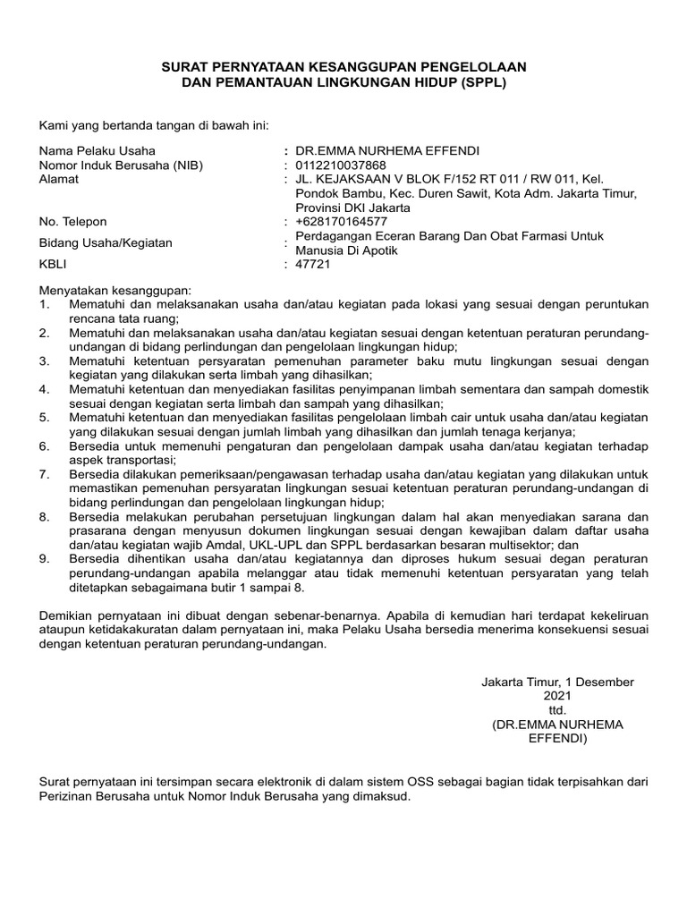 Surat Pernyataan Kesanggupan Pengelolaan Dan Pemantauan Lingkungan ...