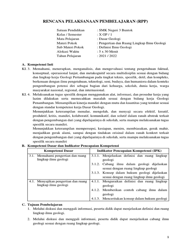 RPP 1 Pengertian Dan Ruang Lingkup Geologi | PDF RPP 1 Pengertian Dan Ruang Lingkup Geologi | PDF