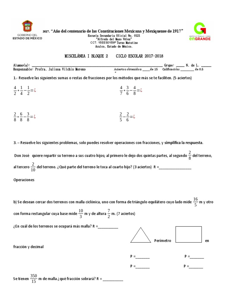 Examen de Suma y Resta de Fracciones | PDF | Matemática Elemental ...