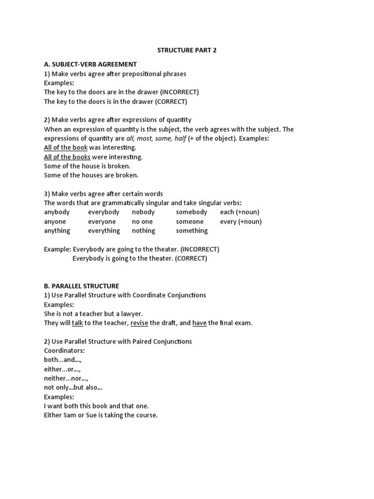 Structure Part 2 A. Subject-Verb Agreement | PDF | Subject (Grammar) | Sentence (Linguistics)