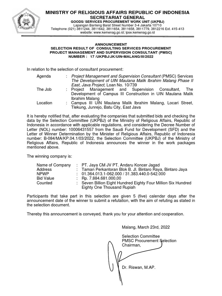 PMSC Procurement Results Announcement | PDF | Indonesia