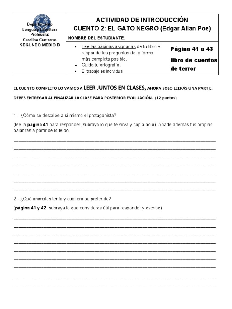 Actividad El Gato Negro | PDF | Artes del Lenguaje y Comunicación ...