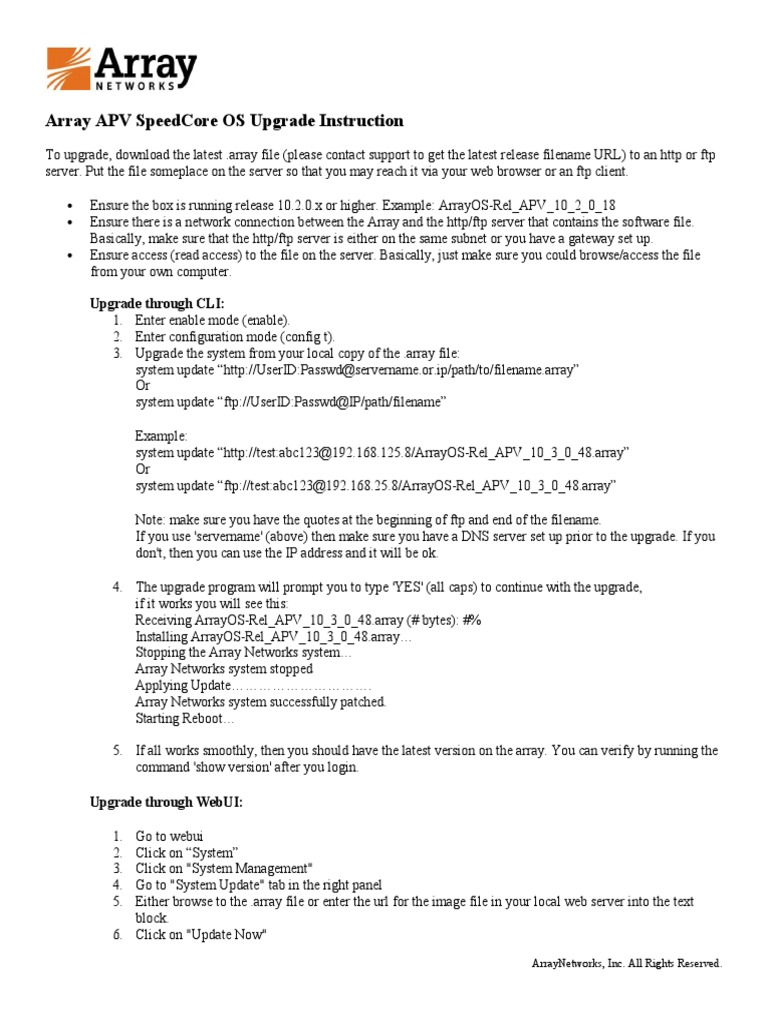 Array Apv Speedcore Os Upgrade Instruction: Arraynetworks, Inc. All Rights Reserved | PDF ...