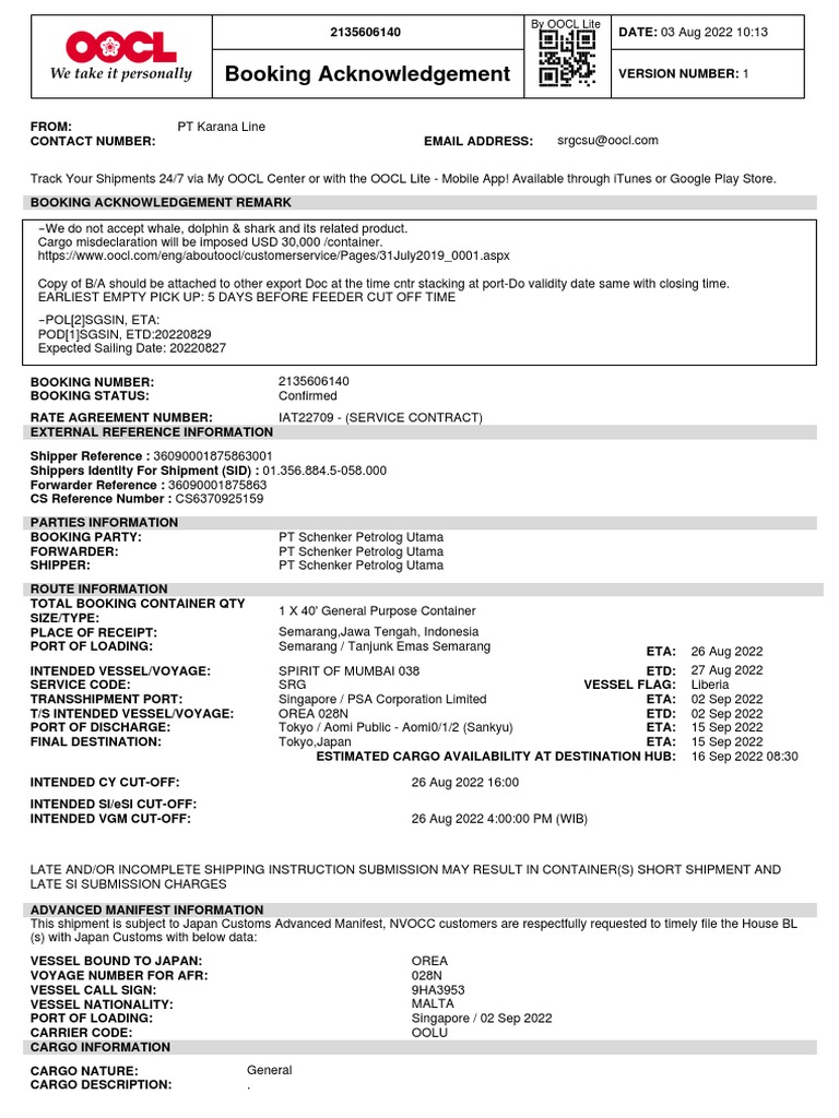 Tokyo Shipping Booking Confirmation | PDF | Cargo | Consumer Goods