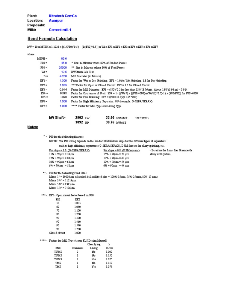 Bond Formula Calculation: Ultratech Cemco Awarpur Cement Mill-1 | PDF ...