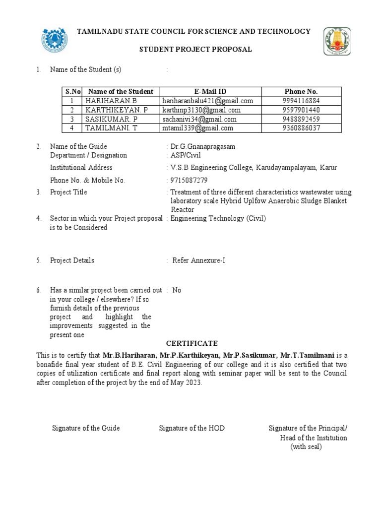 Tamilnadu State Council For Science and Technology Student Project ...