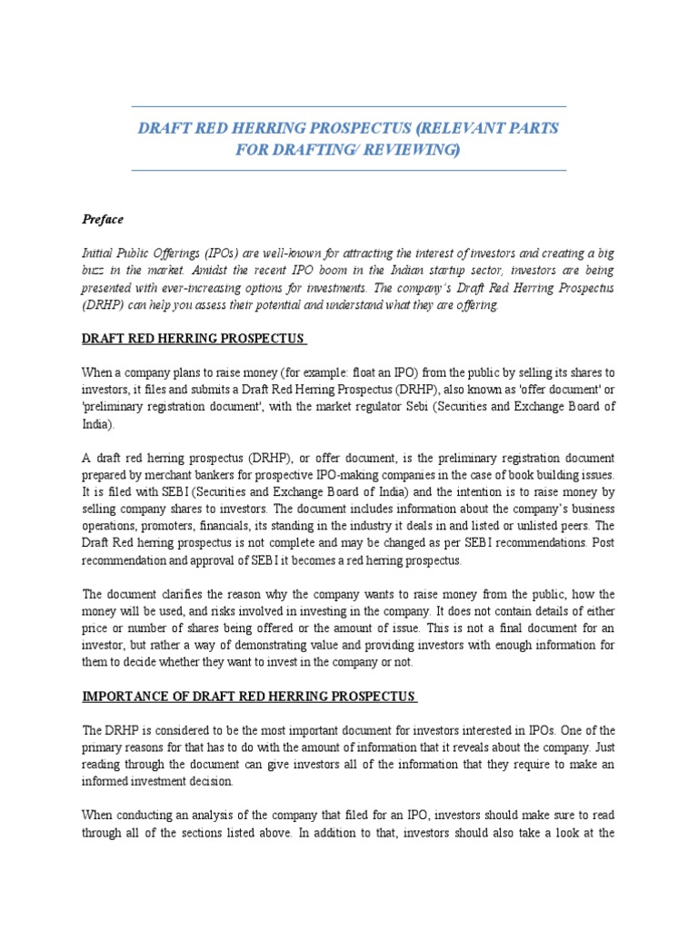 Draft Red Herring Prospectus (Relevant Parts For Drafting/ Reviewing ...