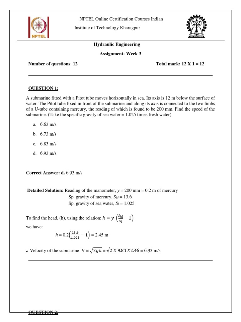 Hydraulic Engineering Assignment-Week 3 Number of Questions: 12 Total Mark: 12 X 1 12 | PDF ...