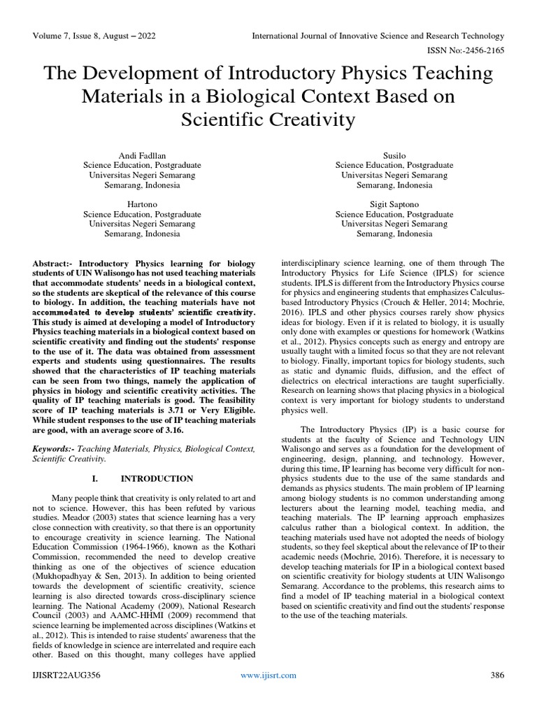 The Development Of Introductory Physics Teaching Materials In A Biological Context Based On 