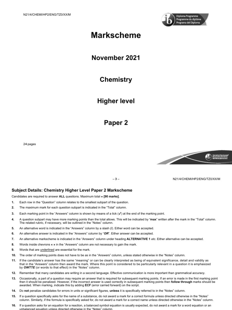 Markscheme: November 2021 Chemistry Higher Level Paper 2 | PDF ...